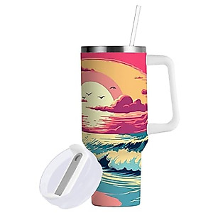 PaChyLuu 30 oz Insulated Tumbler with Handle and Straw Lid, Sunset Beach Lighthouse Leak-Proof Stainless Steel Travel Coffee Mug for Car Cup Holder