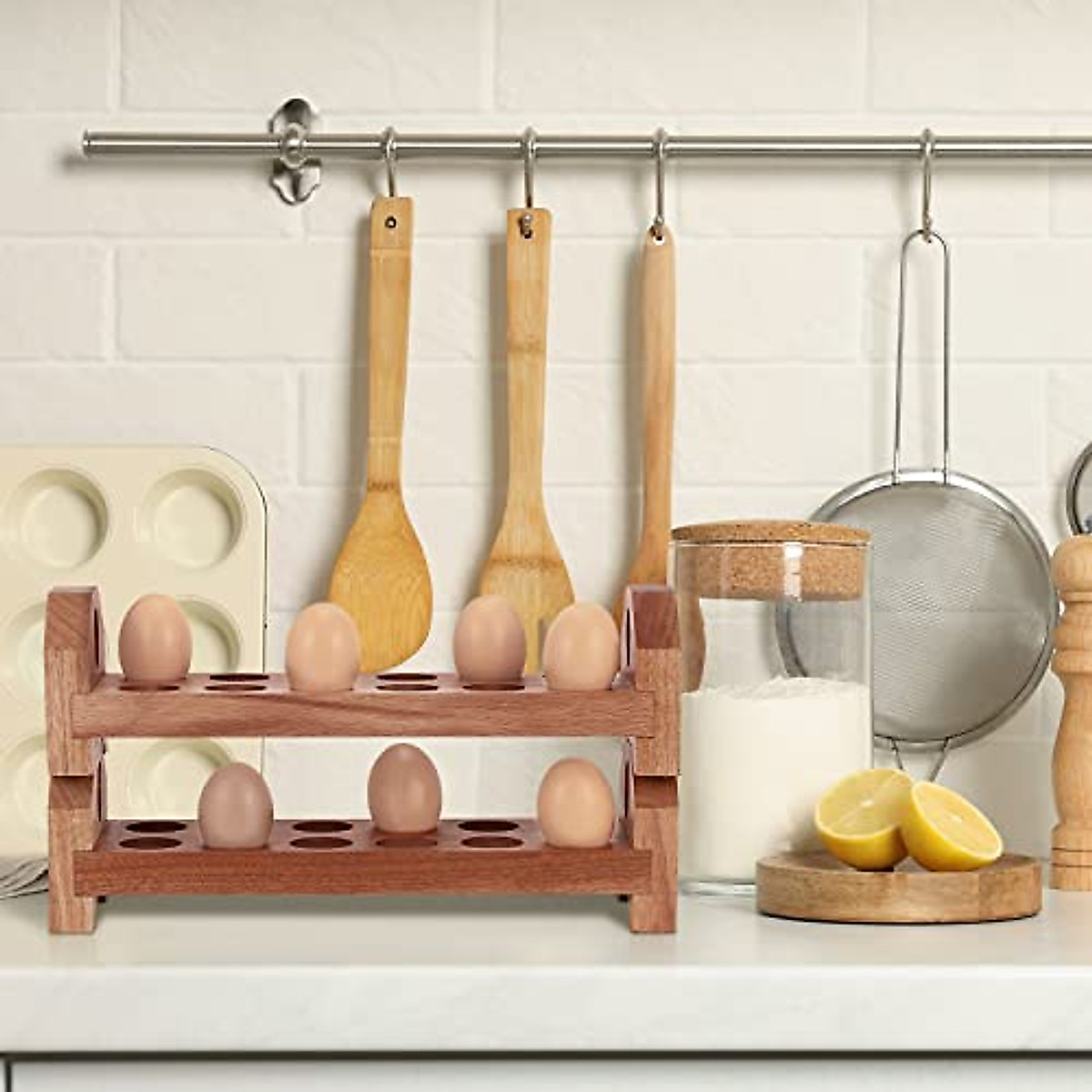 Set of 3 Pieces Wooden Egg Holder Countertop Egg Storage Trays Hold 36 Fresh Egg Stackable Wood Deviled Egg Tray Organizer Rustic Egg Rack Container for Kitchen Counter Display Refrigerator Storage