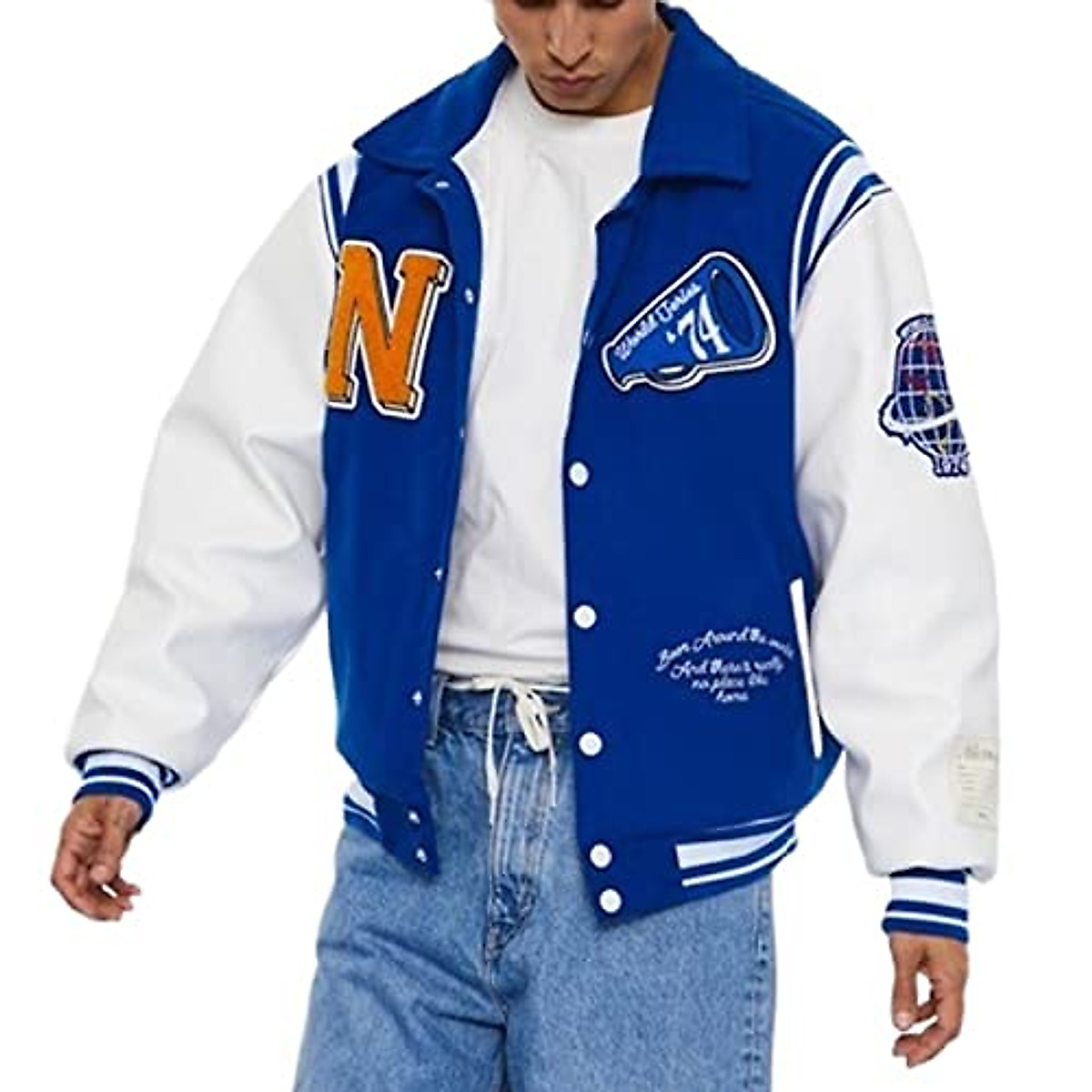 Creaion Men's Varsity Jackets Letterman Jacket Baseball Football Jacket Racer Jacket Y2K Blue and White Jacket Men Bomber Jacket