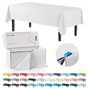 Exquisite 54 Inch X 300 Feet White Plastic Table Cover Roll in A Cut - to - Size Box with Convenient Slide Cutter. Cuts Up to 36 Rectangle 8 Feet Plastic Disposable Tablecloths