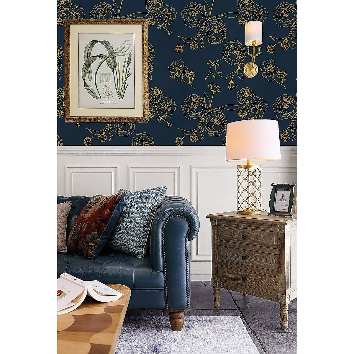 118"x17.3" Peel and Stick Wallpaper Gold and Blue Contact Paper Dark Blue Wallpaper Removable Wallpaper Floral Contact Paper for Walls Covering Vinyl Rolls