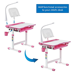 Mount-It! Accessory Kit for Height Adjustable-Kids-Desk | Includes LED-Lamp, Book Holder Shelf and Pencil Holder-Cup, Pink