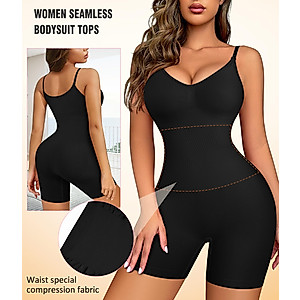 Irisnaya Women Slimming Bodysuits Shapewear Tops Tummy Control Body Shaper Spaghetti Strap Camisole Leotards Bodycon Jumpsuit (Black Mid Thigh, X-Small/Small)