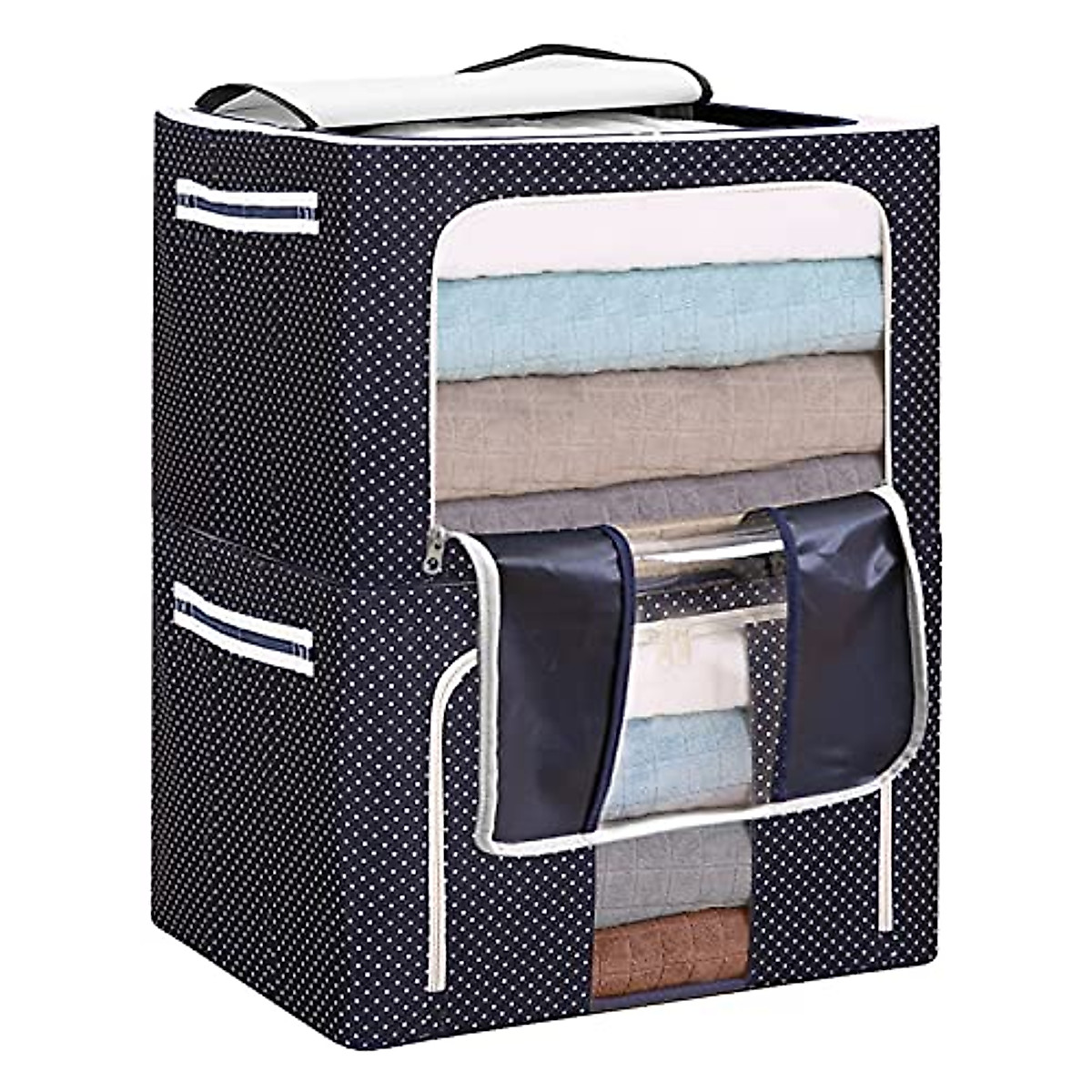 Oxford Cloth Steel Frame Storage Box, 2 Pack 100L Clothes Storage Bags Organizer Container, Extra Large Capacity with Clear Window & Reinforced Carry Handles Fabric for Comforters, Blankets, Quilt,Bedding (100L)