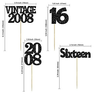 Gyufise 24Pcs 16th Birthday Cupcake Toppers Glitter Sixteen Vintage 2008 Sweet 16 Cupcake Picks Hello 16 Years Birthday Cake Decorations for Happy 16th Birthday Anniversary Party Supplies Black