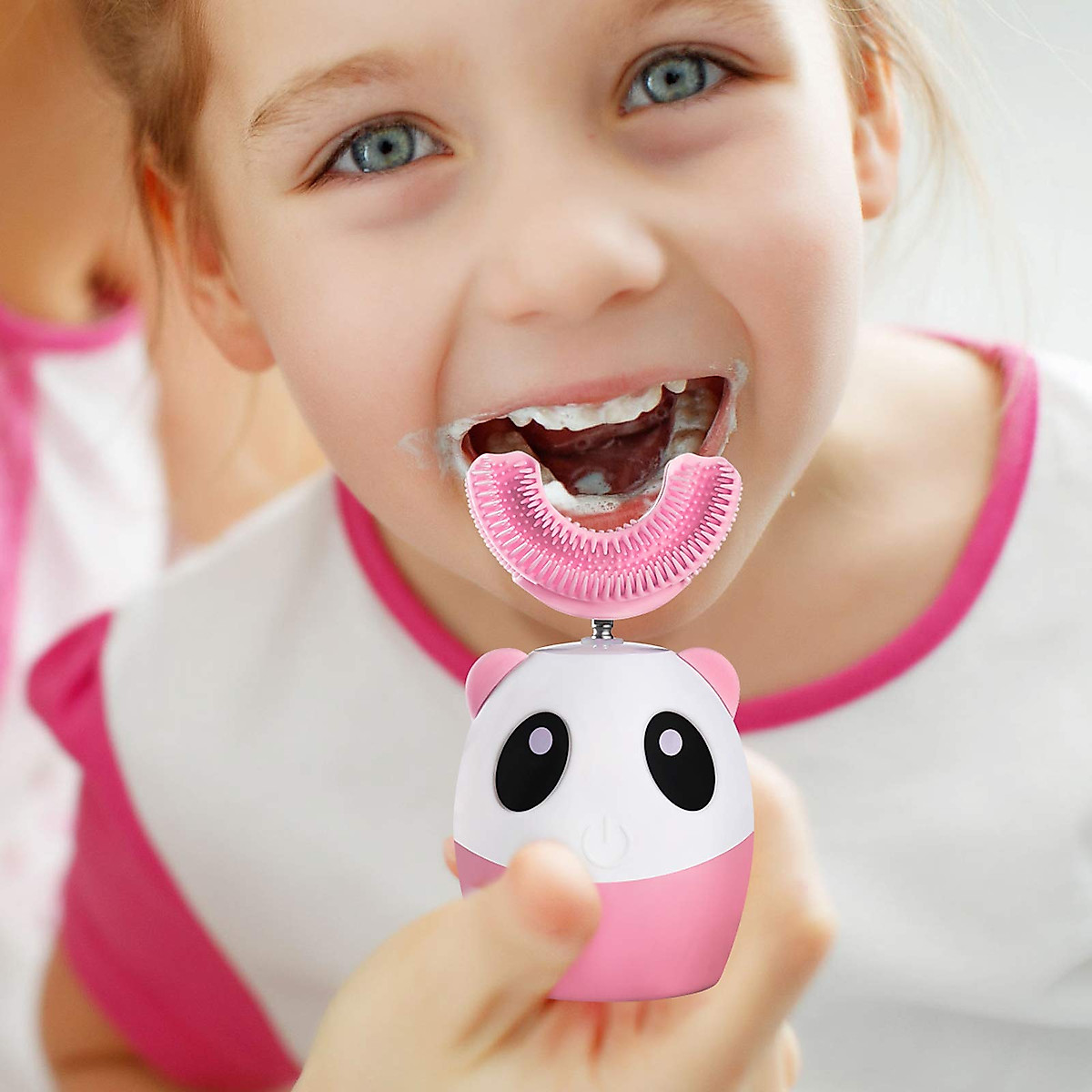 2 Pieces Kids U Shaped Electric Toothbrush, Ultrasonic Automatic Whitening Massage Toothbrush U-Type Cartoon Modeling Toothbrush with 4 Brush Heads for Sensitive Teeth Child 2-7 (Panda Style)