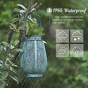 Solar Outdoor Lantern Hanging Lights, Bonsery IP65 Solar Lantern Outdoor Waterproof Metal Garden Retro Decorative, LED Hanging Solar Lantern Patio Terrace Balcony Decor 15 lumens Turquoise