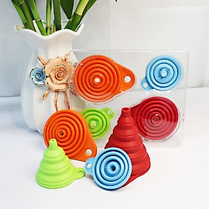 KongNai Kitchen Funnel Set 4 Pack, Small and Large, Kitchen Gadgets Accessories Foldable Silicone Collapsible Funnels for Filling Water Bottle Liquid Transfer Food Grade