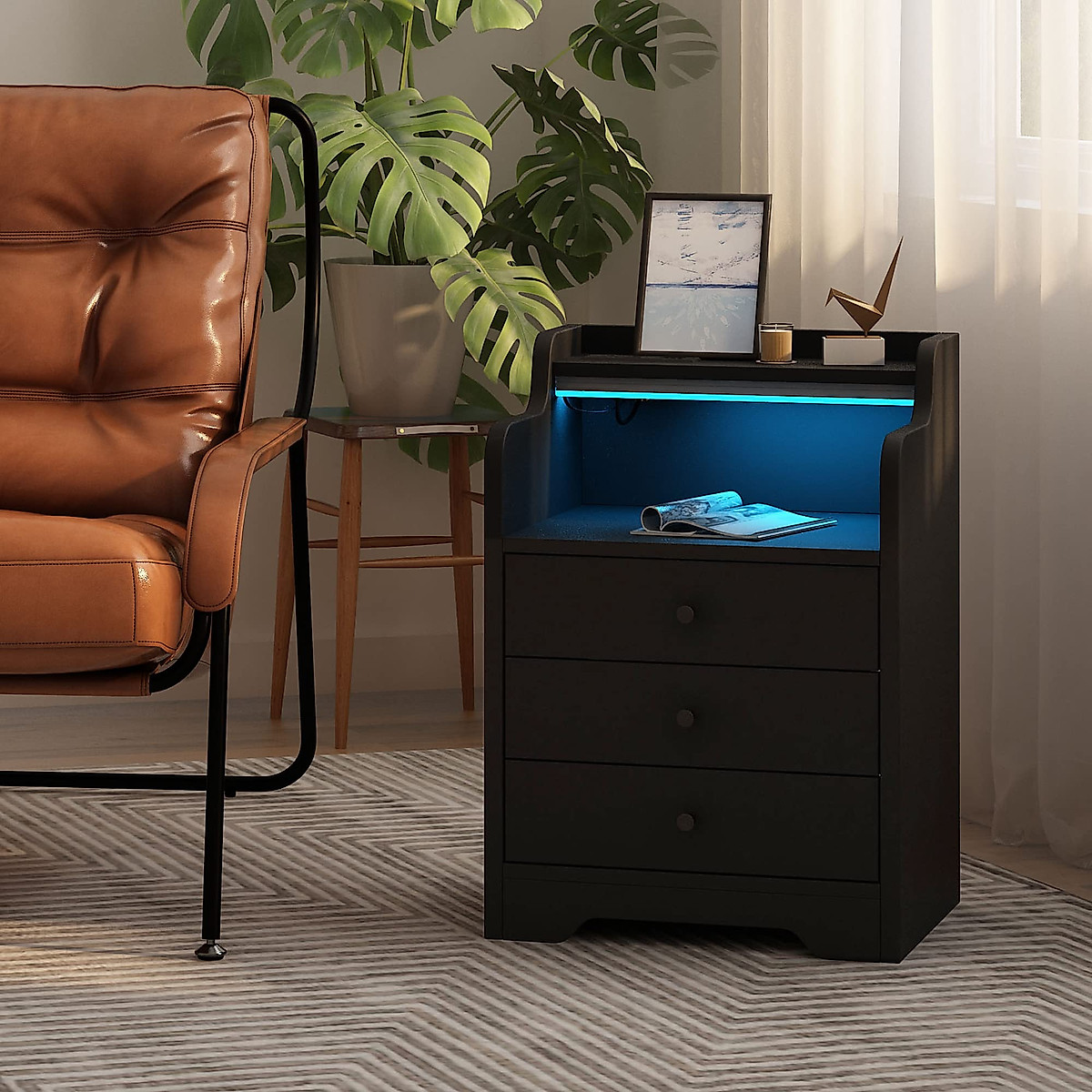 Gdvsclr Nightstand with Charging Station, Nightstand with LED Lights, 3 Drawers Bedside Table for Bedroom/Dormitory, Led Nightstand with Open Storage Shelf, 3 USB Ports & 2 Outlets, Black