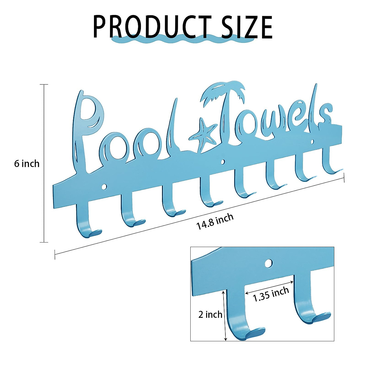 OYEFLY Pool Towel Rack,Wall Mount Towel Hooks Towel Holder with 8 Hooks,Pool Area Outside Sign (Blue, 14.8in)