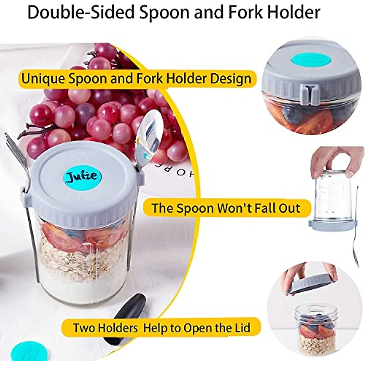P&Y Overnight Oats Containers with Lids, 12 Oz Glass with Spoons for Mason Overnight Oats Jars, Oatmeal Container with Letter Silicone Label for Cereal Yogurt Fruit (Gray M Forks, 2Pack)