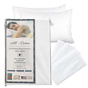National Allergy Premium 100% Cotton Zippered Pillow Protector - Queen Size - White - 300 Thread Count - Hypoallergenic Bed Pillowcase with Zipper - Breathable Encasement Cover