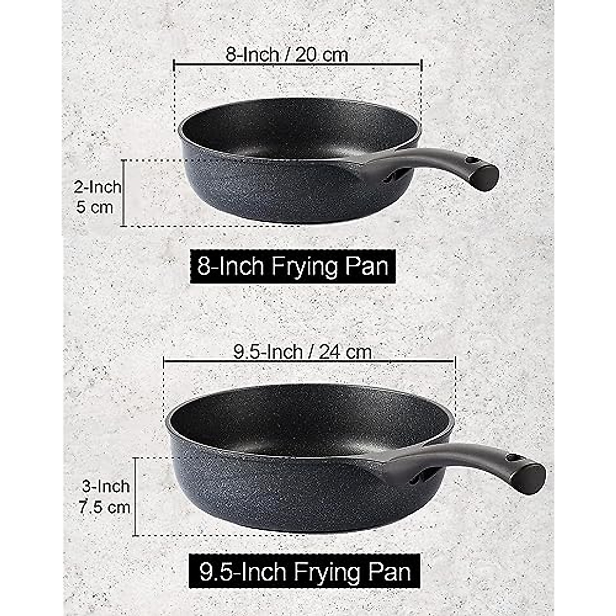 Cook N Home Marble Nonstick Cookware Saute Fry, 8" and 9.5-Inch Skillet Pans, Black
