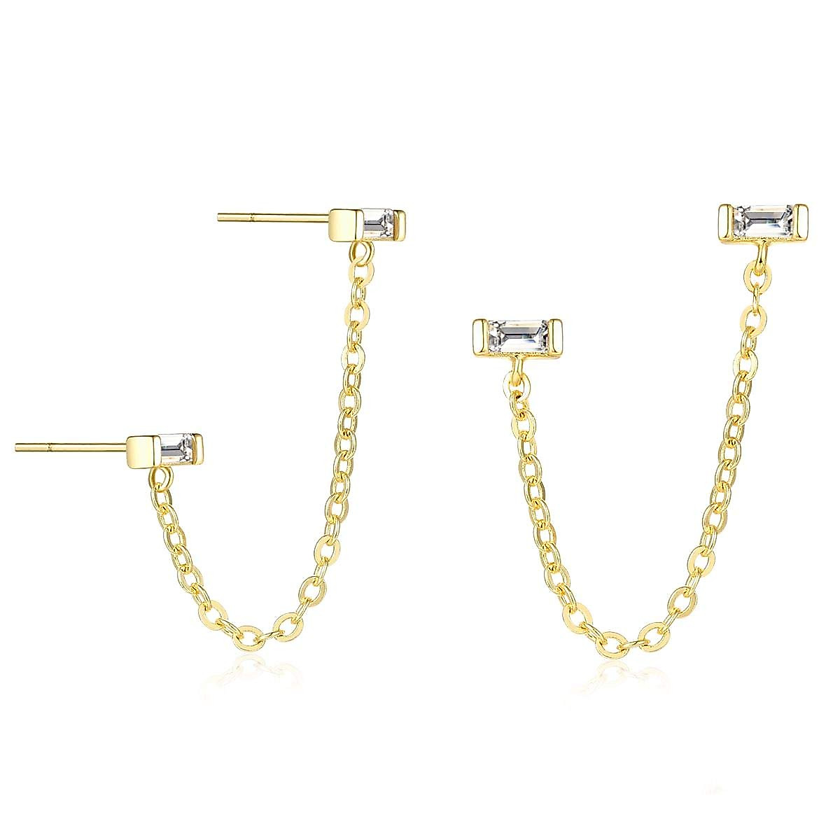 Valloey Rover Women 14K Gold Chain Earrings,Stud With Chain And Cartilage Hugging Cuff Double Bar Ear Jacket Minimalist earrings For Lady Women Band(gold-chain)