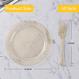 Goodluck 60 Plastic Dessert Plates 6.3" with 60 Plastic Forks 5.7", Gold Glitter Disposable Plates for 60 Guests, Heavy Duty Plastic Plates for Party, Appetizer Plates for Wedding