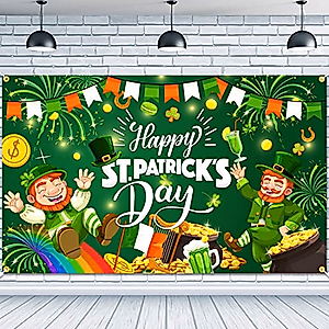 JKQ Happy St. Patrick's Day Backdrop Banner 71 x 43 Inch Large Size Saint Patrick's Day Background Banner Shamrock St. Patty's Day Party Decorations Irish Lucky Day Indoor Outdoor Photo Booth Props