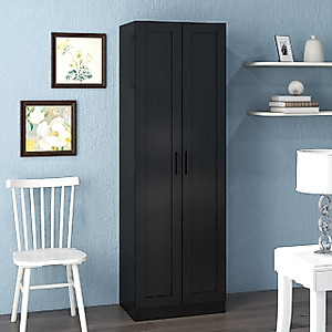 Panana Wooden Tall Storage Cabinet with 2 Doors and Shelves - Free Standing Narrow Food Pantry (Black, 45P)