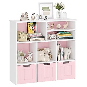 GarveeHome Toy Storage Organizer Kids Bookcase with 3 Movable Drawers Toy Storage Cabinet with Hidden Wheels Multifunctional Storage Chest for Playroom,Nursery and Bedroom, Pink