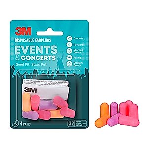 3M Disposable Earplugs, Hearing Protection for Events & Concerts, Mutli-Color, 32 NRR, 4-Pairs