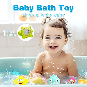 Light Up Bath Toys, 9pcs No Hole Mold Free Toddler Flashing Colourful Bathtub Mermaid Toy, Floating Rubber Shower Toy for 6 to 12 Months Infant Baby Age 1-3 Kids Boy Girl Birthday