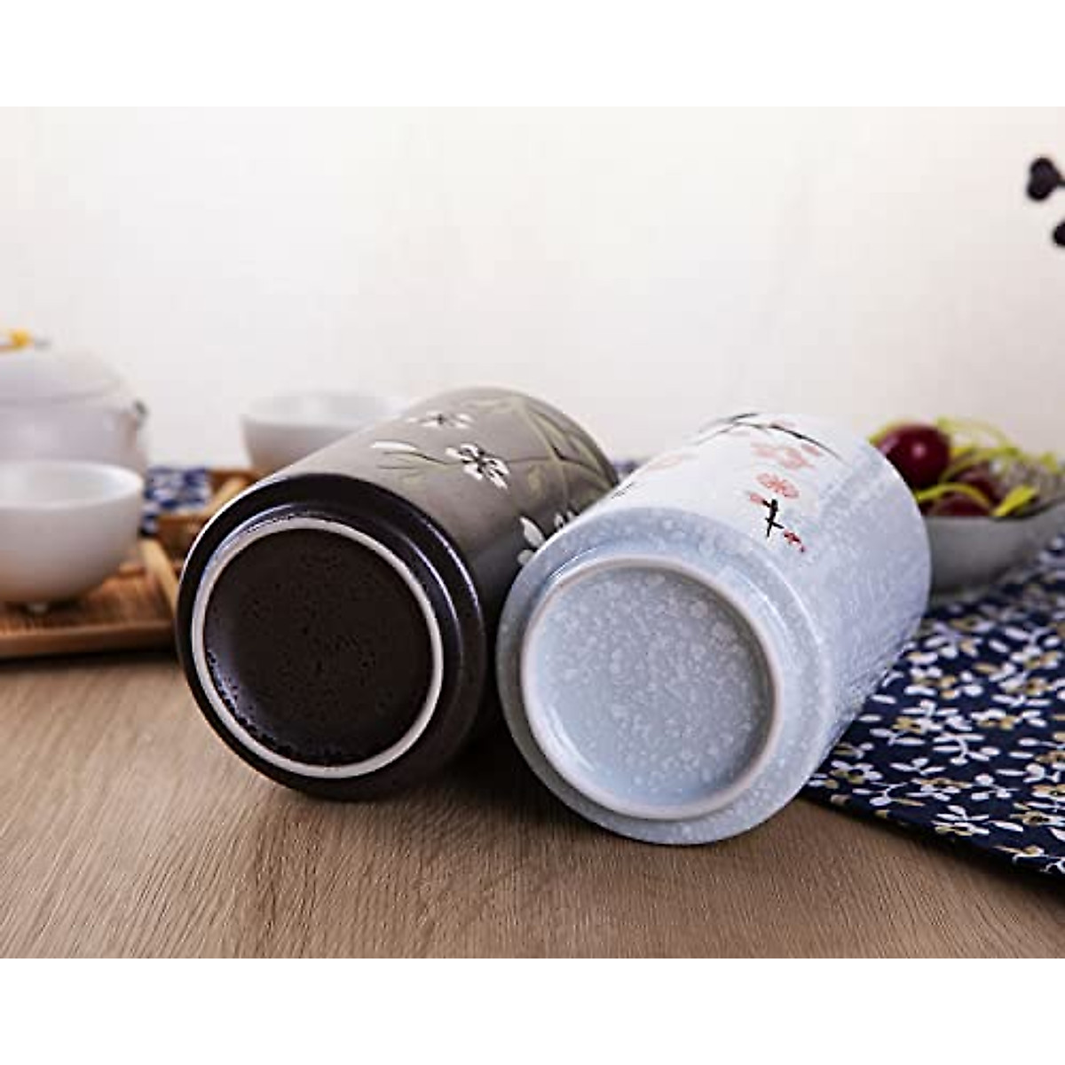 WHJY 10oz Transitional Chinese/Japanese style Handle-less Ceramic Tea cups teacup, Flora Pattern Set of 2