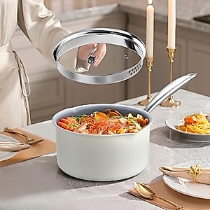 Fracoda 2 Quart Nonstick Sauce Pan with Lid, Ceramic Saucepan Small Cooking Pot Non Toxic, PTFE & PFOA Free - Oven Safe & Compatible with All Stovetops (Gas, Electric & Induction)-Cream