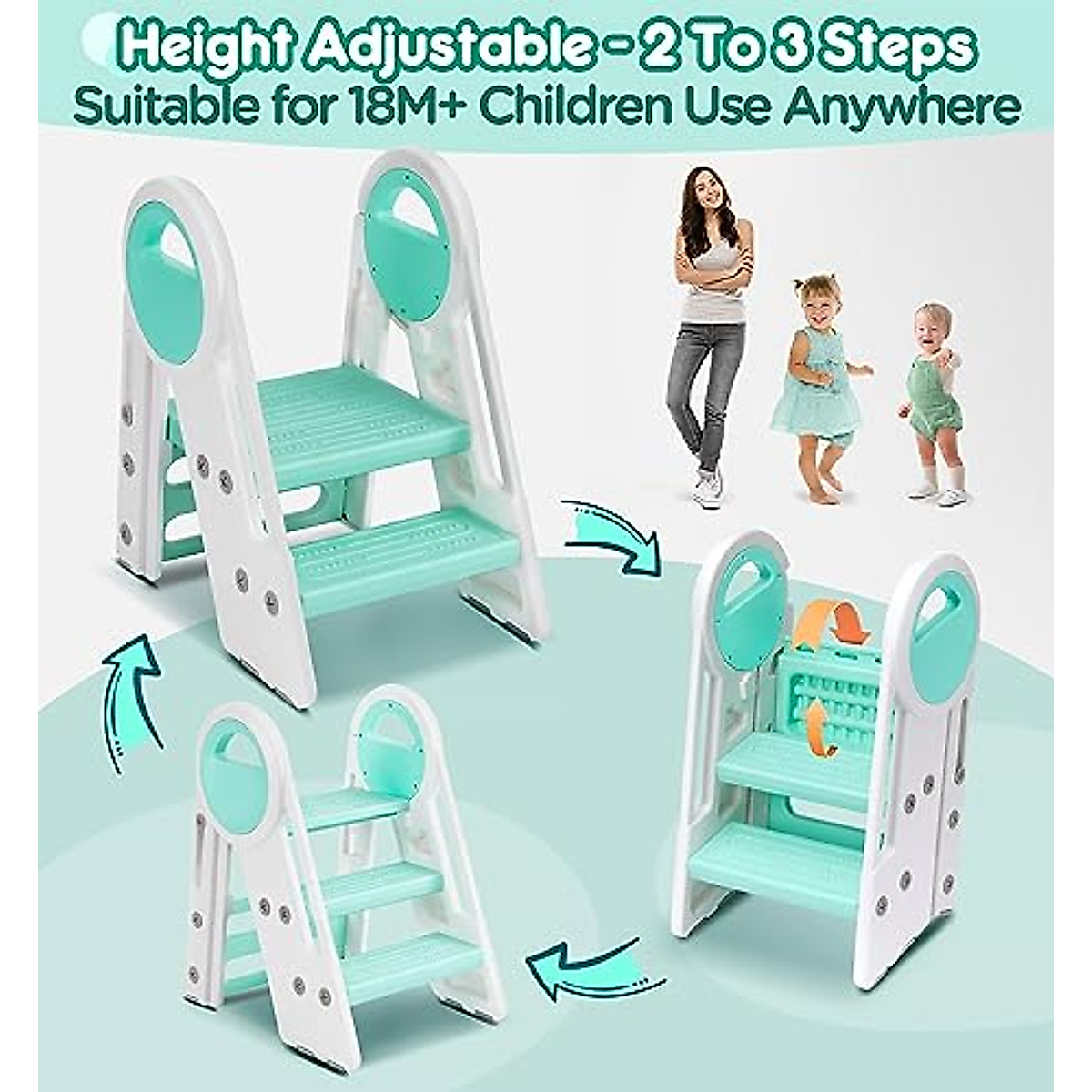 Gimars Upgrade Triple Stability Foldable Adjustable 2 Steps to 3 Steps Toddler Step Stool for Bathroom Sink, Step Stools for Kids with 6 Non-slip Pads,Handles for Toilet Potty Training,Kitchen Counter