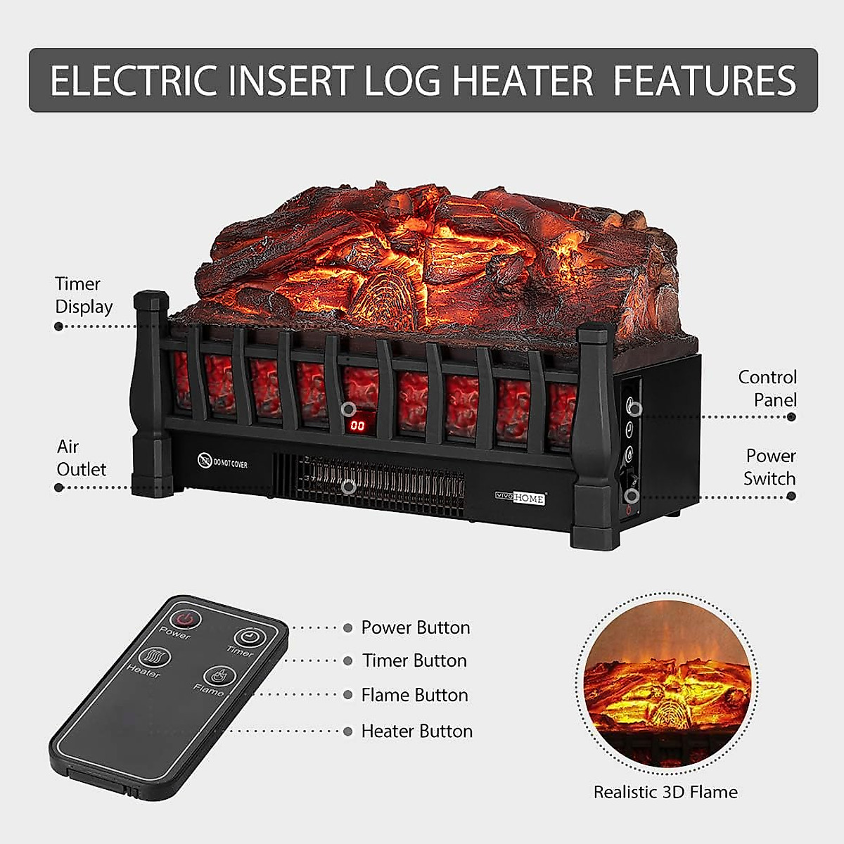 VIVOHOME 110V Electric Fireplace Insert Log Quartz Realistic Ember Bed Fan Heater with Infrared Remote Controller Black