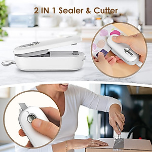 ODSD Bag Sealer, 2 IN 1 Mini Bag Sealer Heat Seal with Cutter, Portable Bag Resealer Handheld with Lanyard Heat Sealer for Chip Bags Food Storage (2 AA Battery Included) White