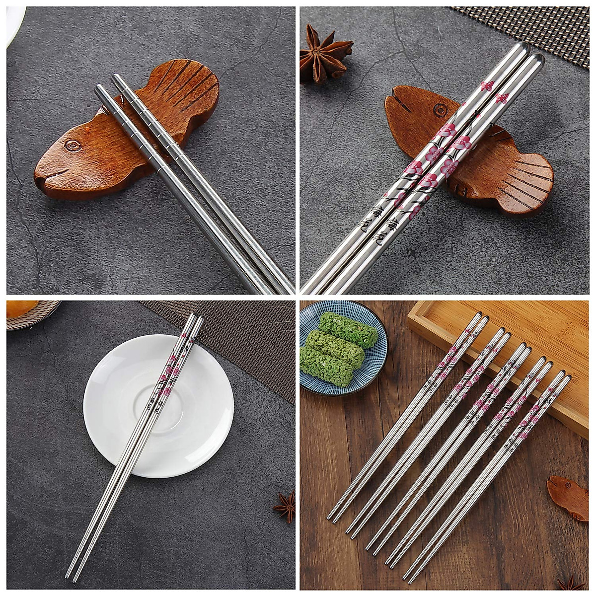 HuaLan Stainless Steel Chopsticks, Metal Alloy Chopstick, Reusable Non-slip Design Chop Sticks, 5 Pairs Gift Set,Plum Pattern Design