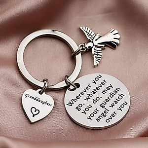 LQRI Drive Safe Keychain Traveler Gift Wherever You Go May Your Guardian Angel Watch Over You Guardian Angel Keychain for Dad Mom Daughter Grandma Granddaughter Aunt Gift (granddaughter)