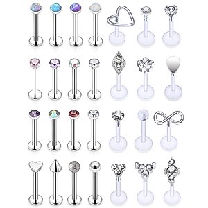 Vsnnsns 16G Lip Rings Stainless Steel Opal Labret Monroe Lip Rings Nail Cartilage Tragus Helix Earrings Studs Ring Medusa Piercing Jewelry Retainer For Women Men Silver 8mm 28PCS