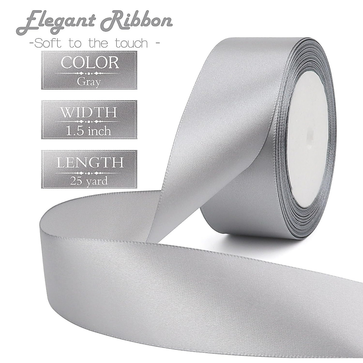 RIUNBB Gray Solid Satin Ribbon 1-1/2 Inch 25 Yards Solid Polyester Fabric Ribbon for Gift Wrapping Wedding Christmas Baby Shower Birthday Party Decoration Handmade Immortal Flower Craft
