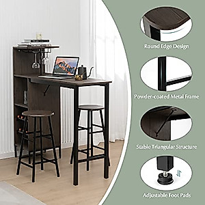 Giantex 3 Pieces Bar Table and Stools Set, Bistro Table Set with Glass Holder, 2 Tier Wine Rack & Storage Shelves, Kitchen Counter Table with 2 Stools for Home, Dining Room, Restaurant, Pub (Brown)