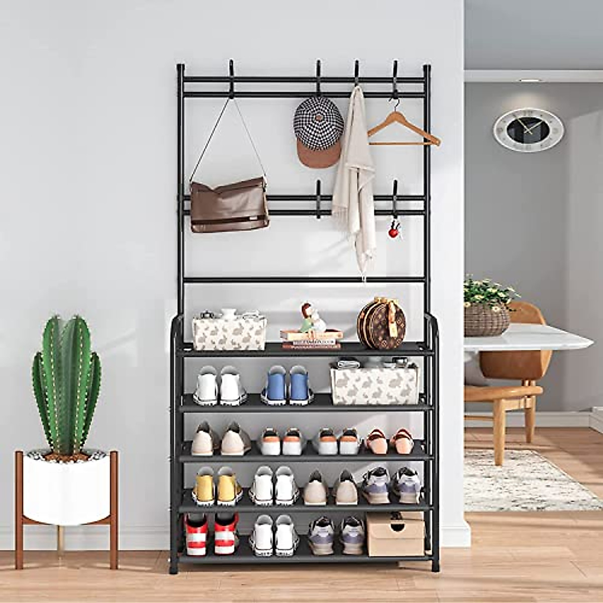 WEECRON Entryway Shoe Rack 4 Tier Shoe Shelf Storage Organizer with Hooks for Bedroom Closet, Black