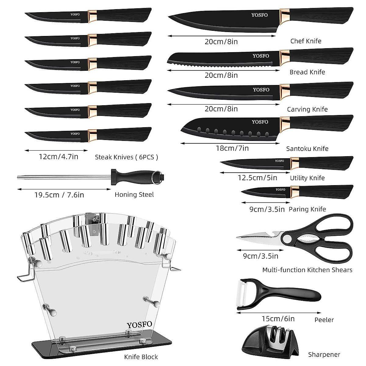 Knives Set with Acrylic Stand, 17Pcs Stainless Steel Knife Block Set includes Serrated Steak Knives Set, Chef Santoku Knives, Scissor, Sharpener and Knife Holder (Black Knife Set with Block)