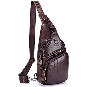 BULLCAPTAIN Leather Men Sling Bag Casual Crossbody Chest Bags Travel Daypack (Brown)