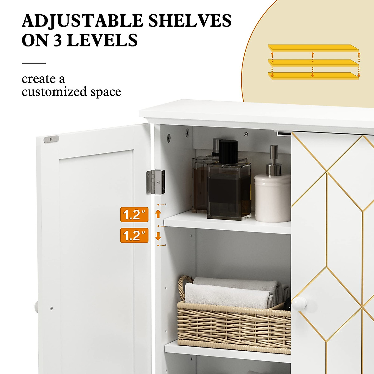 AZODY Bathroom Cabinet with Gold Trim, Wall-Mounted Bathroom Storage Cabinet with Adjustable Shelves and Side Hooks, Space Saver Medicine Cabinet for Livingroom, Laundry, Classical White