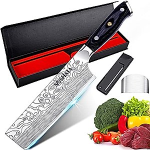 MOSFiATA 7” Nakiri Chef's Knife with Finger Guard and Blade Guard in Gift Box, German High Carbon Stainless Steel EN1.4116 Nakiri Vegetable Knife, Multipurpose Kitchen Knife with Micarta Handle