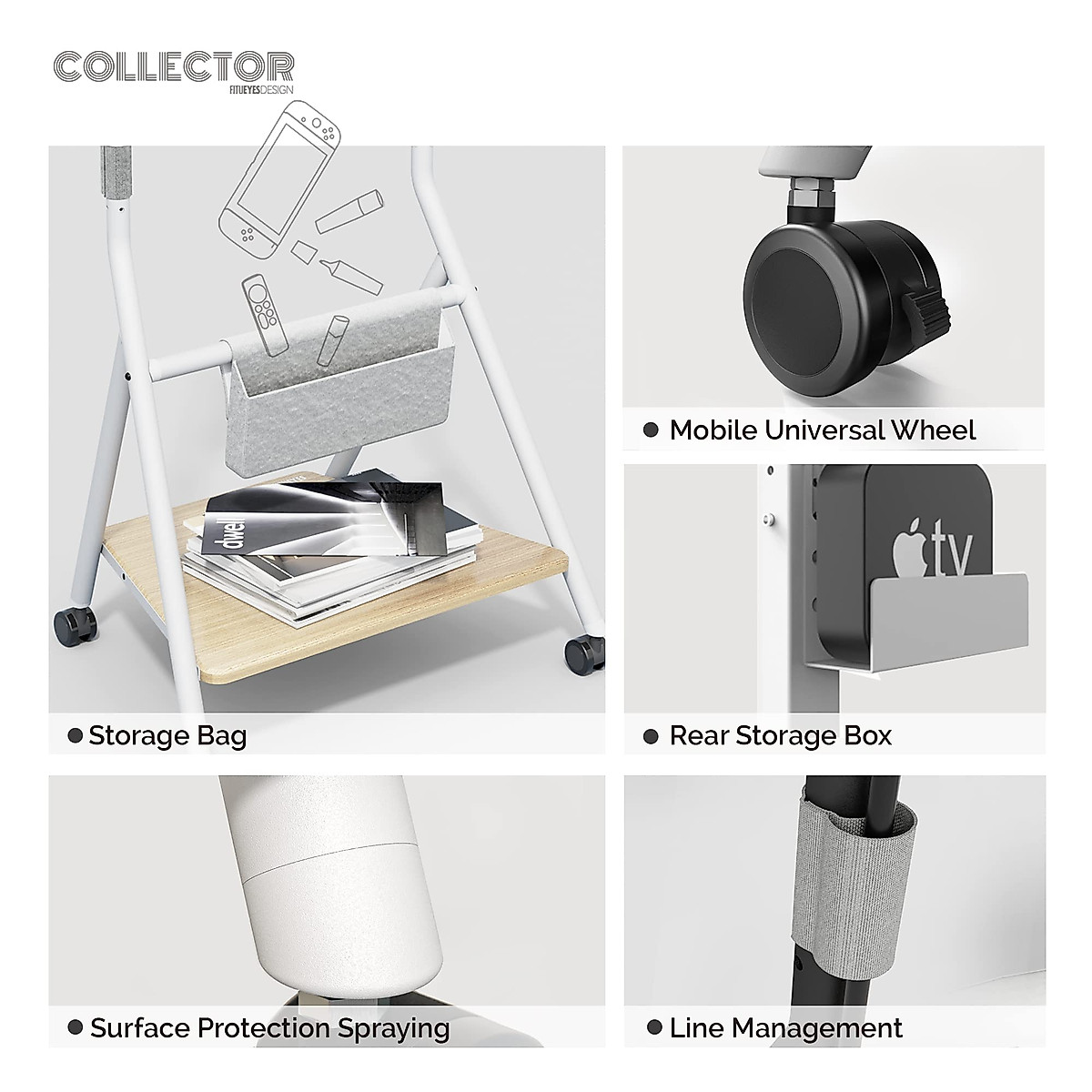 FITUEYES Design Mobile TV Stand for 46 55 60 65 Inch TV, Rolling TV Cart Floor Stand with Mount for Living Room Office Hotel, Modern Corner TV Stand with Wooden Storage Shelves, Collector Series