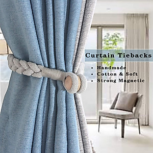 Porlau 2 Pack Grey Magnetic Soft Curtain Tiebacks Cotton Hand-Woven Tieback Holdback Home Decorative Tie Backs with Wooden Buckle for Home Office Decor