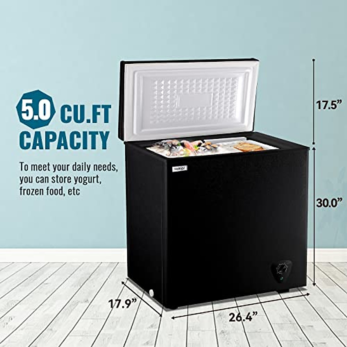 Deep Freezer Small Chest Freezer 5.0 Cu.Ft Mini Chest Freezer with 7 Temperature Settings, Compact Deep Freezer with Top Open Door, Adjustable Storage Basket, Low Noise, Energy Saving,Black