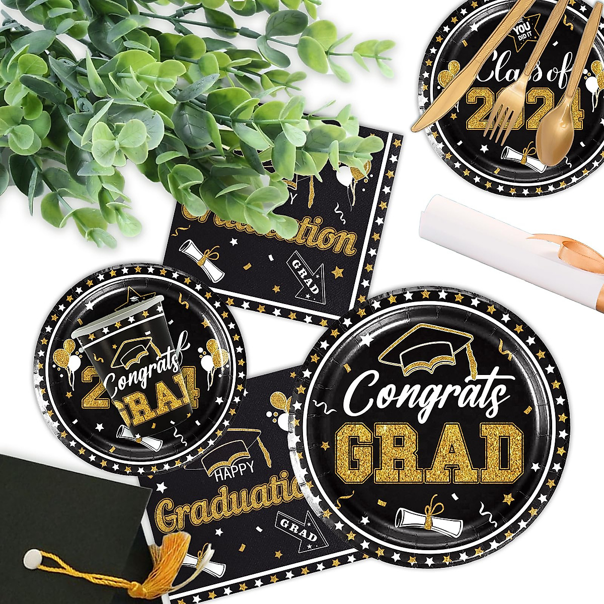 168PCS Graduation Party Decorations Dinnerware Set - Class of 2024 Decorations - Plates Napkins Cups Knife Fork Spoon(Black-Gold)