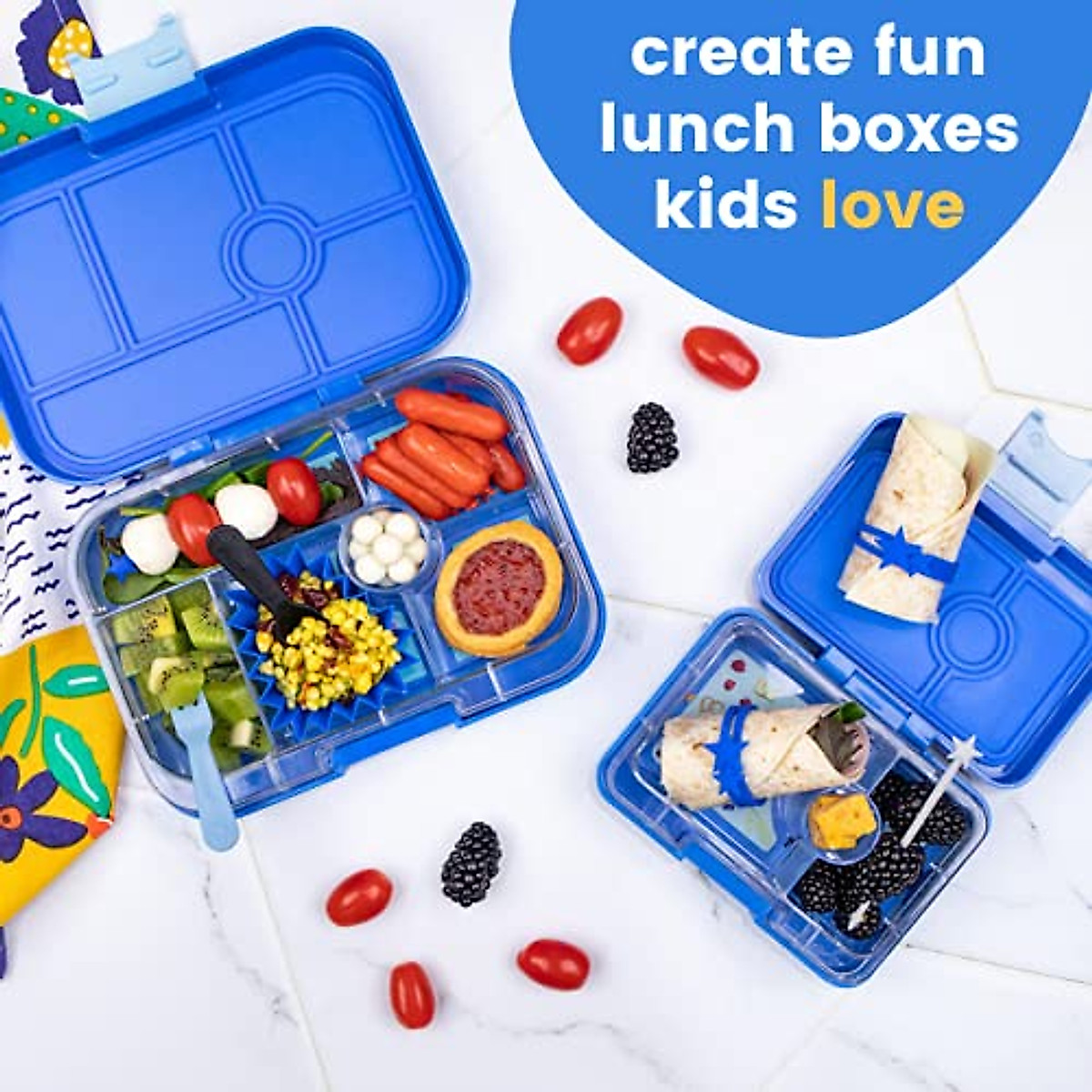Kids Bento Lunch Box Blue Accessories Kit, BPA FREE with Lifetime Replacement Guarantee, 18 Piece Set includes Food Picks, Wrap Bands, Forks and Spoons, reusable Silicone Cups