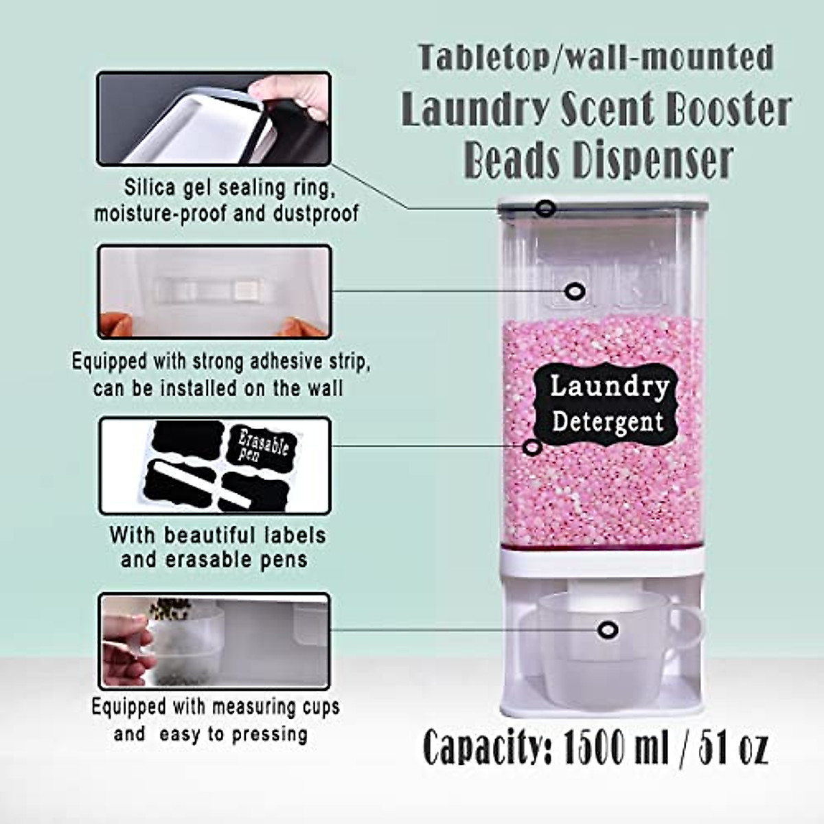 Sparktime Laundry Detergent Dispenser for Scent Booster Beads, Wall Mounted Dry Food Storage Container with Measuring Cups, Suitable for Rice, Beans, Solid Grain, Laundry Scent Beads（1500ml）