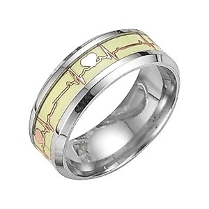 Glow in The Dark Heartbeat Stainless Steel Ring Couple Luminous Wedding Band Engagement Promise Ring for Men Women (as Show, 7)