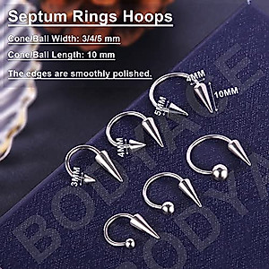 BodyAce 16G Spike Septum Rings Horseshoe Nose Rings, Rook Daith Helix Tragus Cartilage Earrings Hoop, Stainless Steel Lobe Lip Piercing for Women Men [A:3pcs 8/10/12mm Black]