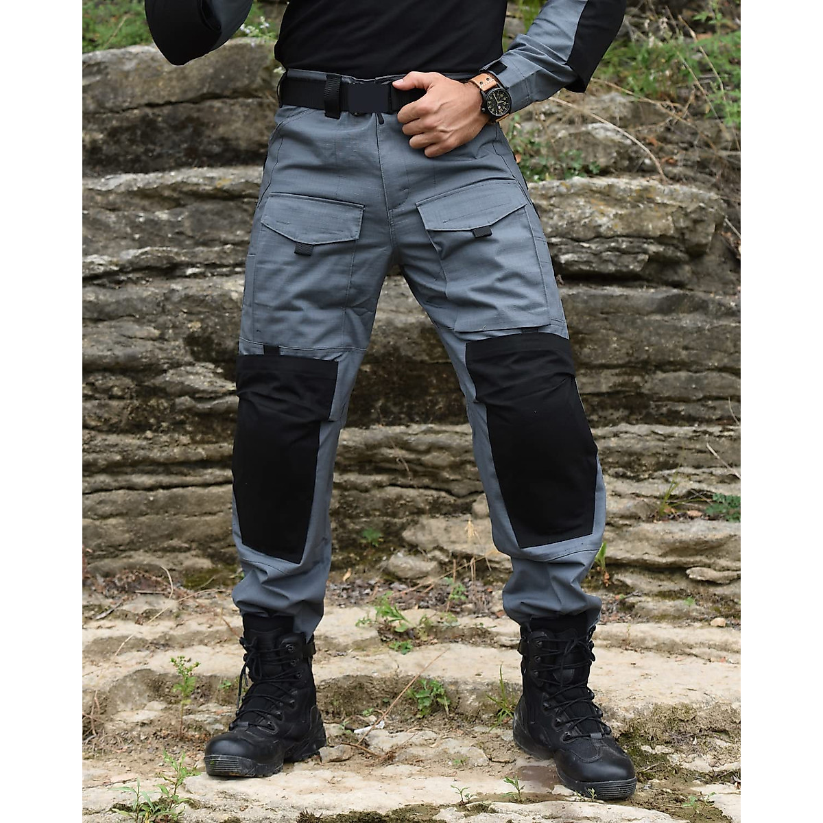 HAN·WILD Men's Combat Pants Tactical Military Pant with Knee Pads Airsoft Hiking Trousers Gray