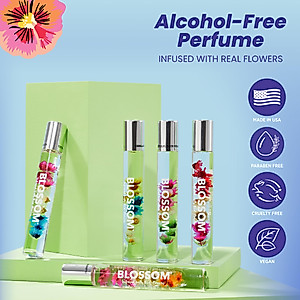 Blossom Roll on Perfume for Women Alcohol Free Rollerball Perfume Oil with Essential Oils, Infused with Real Flowers, Made in USA, 0.3oz, 3 pack Mini Gift Set, Hibiscus/Honey Jasmine/Rose