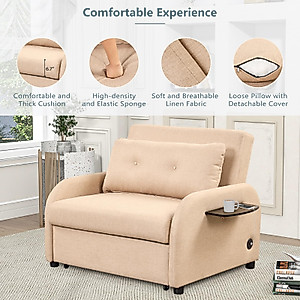 NOLLAM Pull Out Sleeper Sofa Bed with 2 Wing Table and USB Charge, Linen Fabric Single Sofa Chair Bed, Convertible Sofa Chair 3-in-1, Sleeper Chair Bed for Living Room Apartment Office, Beige Couch